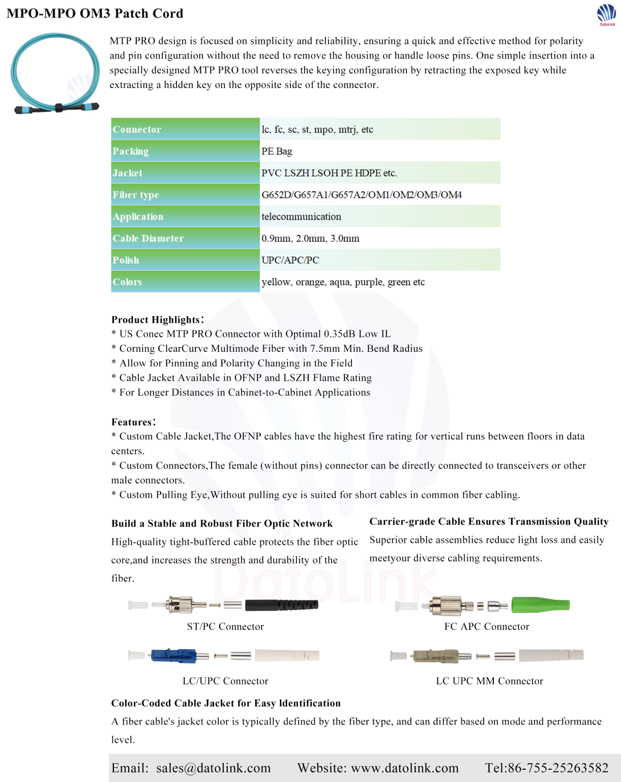MPO-MPO OM3 Patch Cord